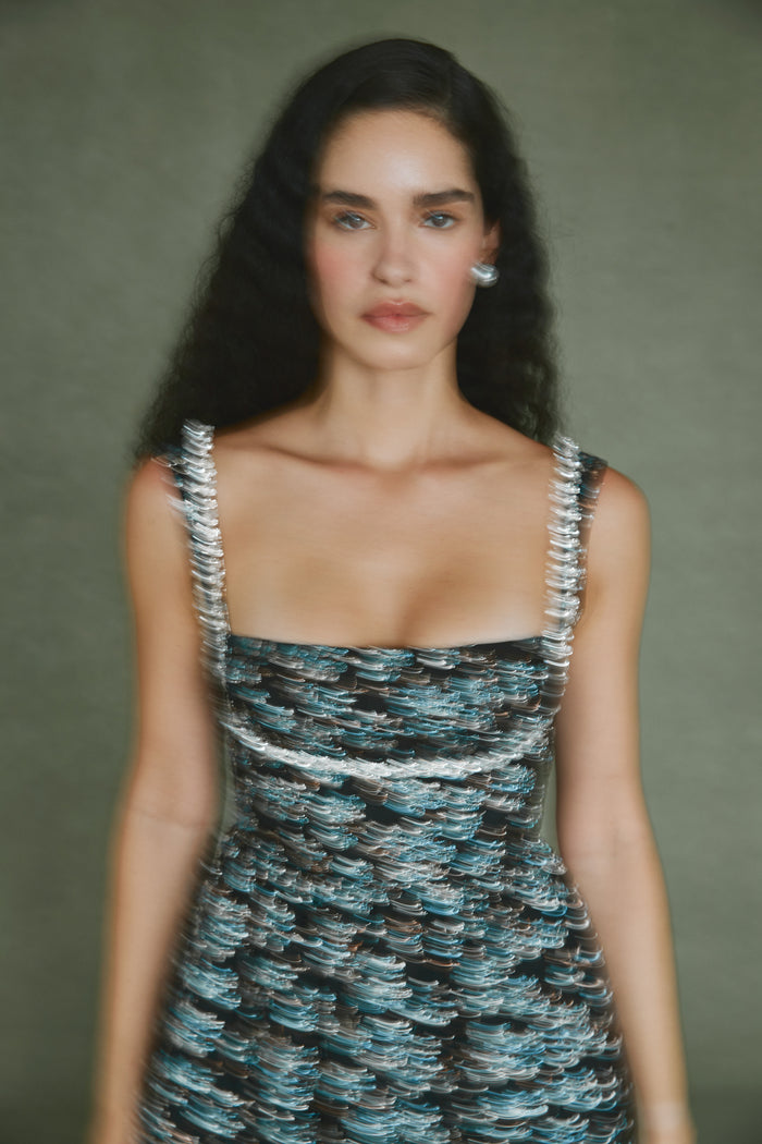 Alexandra Pijut Coupe Dress in Metallic Blue Brocade