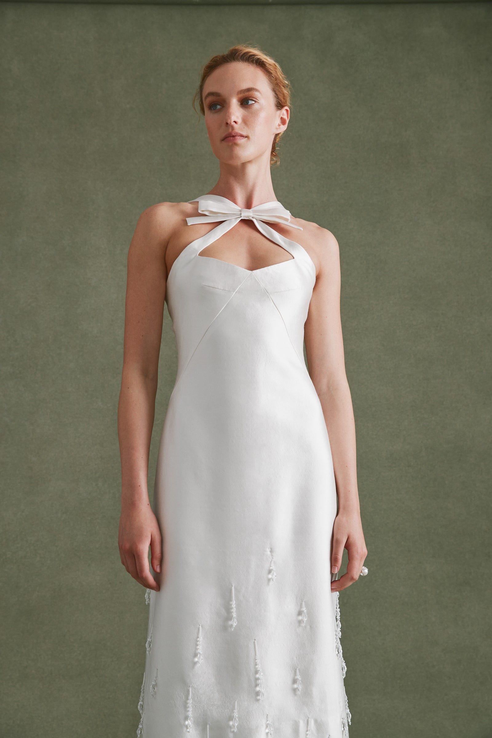 Alexandra Pijut Delphine Dress in Ivory Silk Wool with Crystal Drops