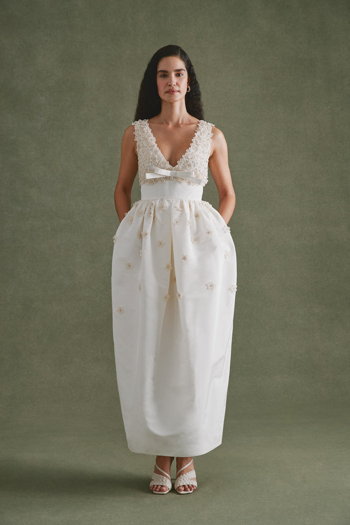 Alexandra Pijut Rainey Dress in Ivory Silk Faille with Floral Appliqué