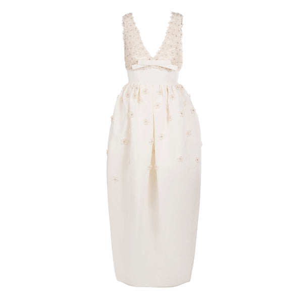Alexandra Pijut Rainey Dress in Ivory Silk Faille with Floral Appliqué