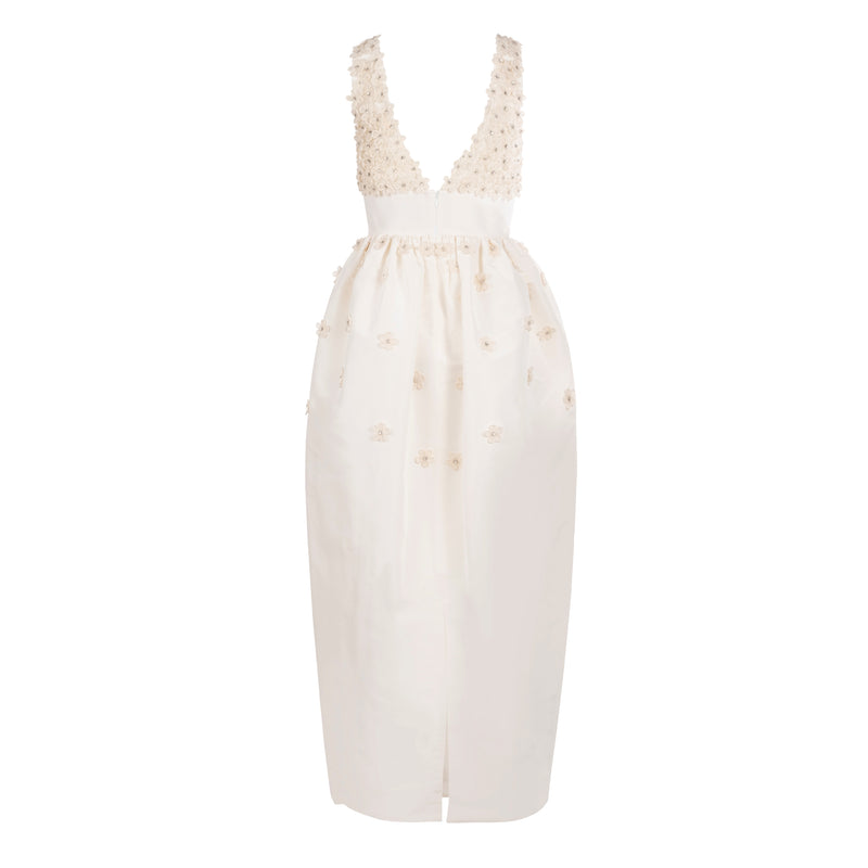 Alexandra Pijut Rainey Dress in Ivory Silk Faille with Floral Appliqué